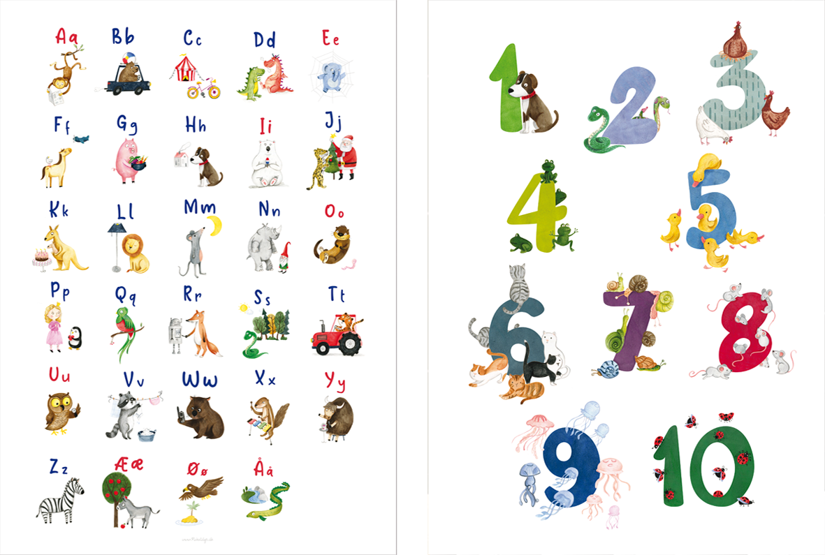 Plakatsæt med ABC og talplakat | Sjove og søde illustrationer🐼🦁